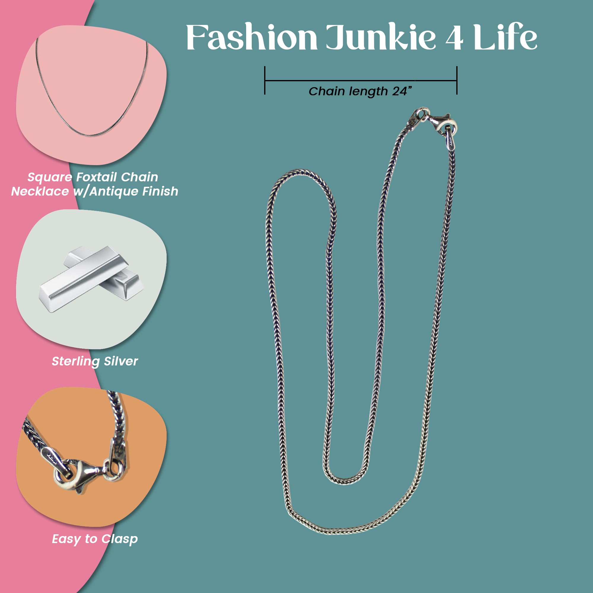 FashionJunkie4Life Sterling Silver 1.5mm Square Foxtail Chain Necklace w/Antique Finish - 18", 24", 30" (24)