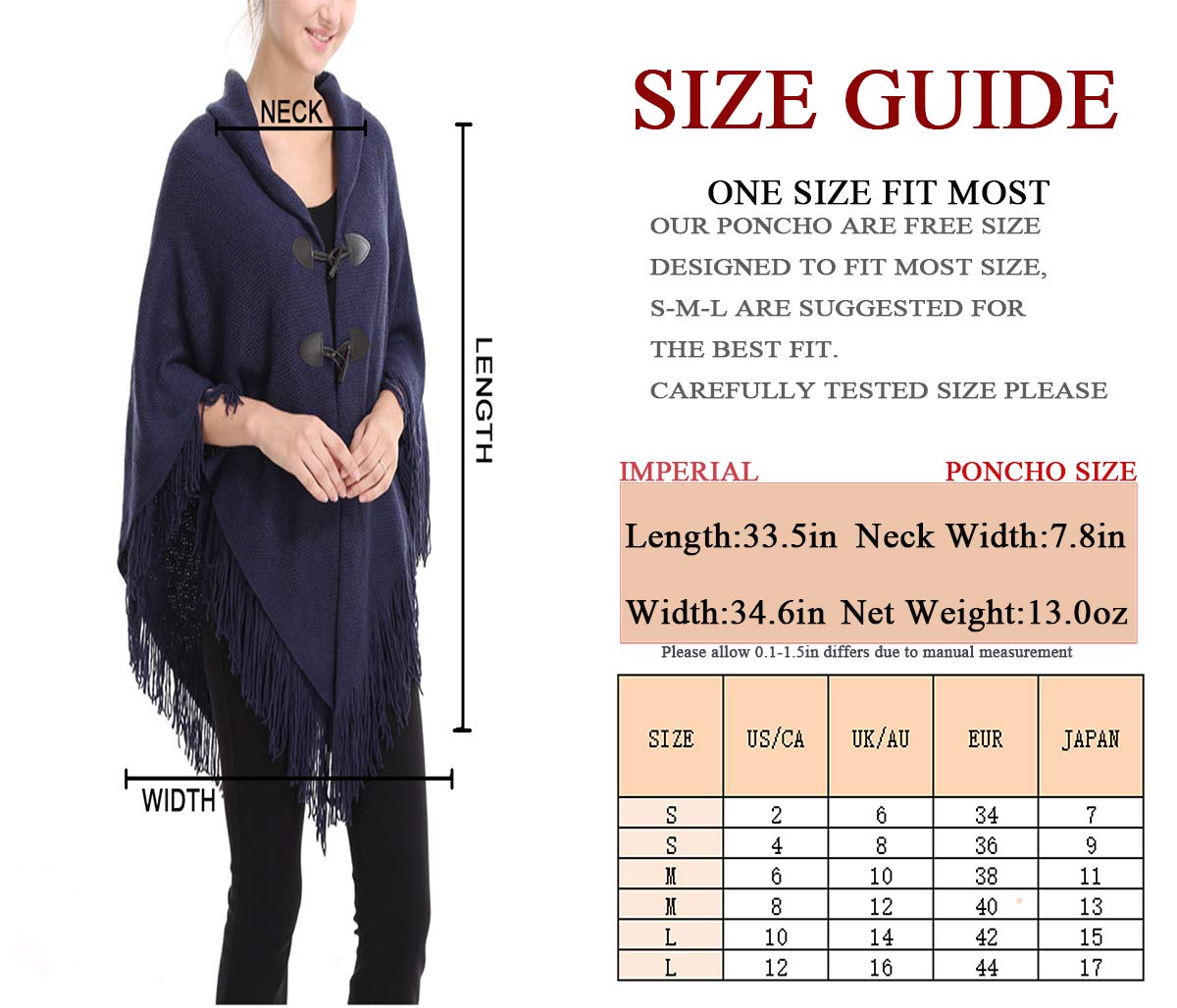 Iristide Women's Shawl Loose Cloak Poncho With Stylish Trumpet Button, Double Tassel V-neck Angle Buckle Pullover Wrap Warm Thickening (black)