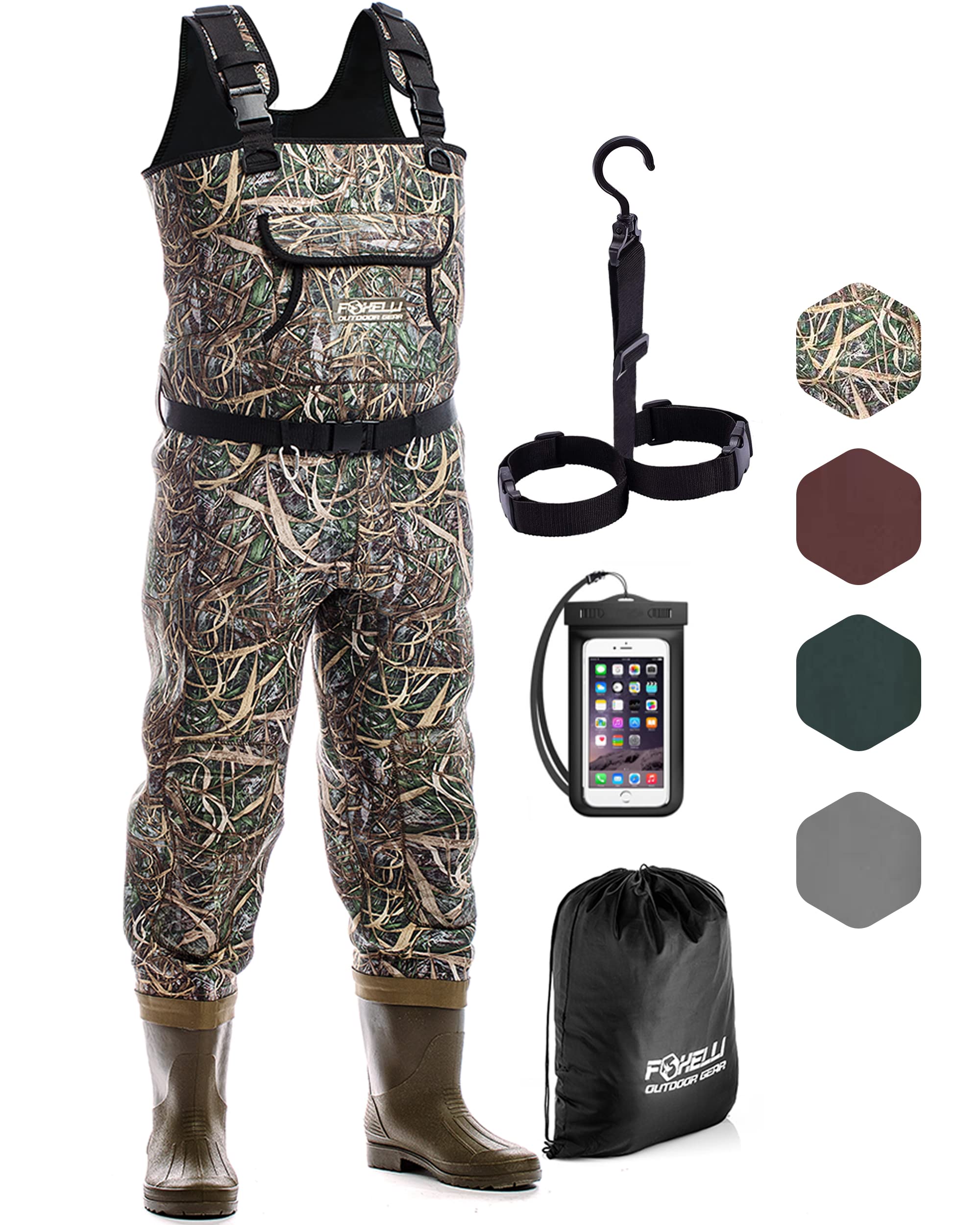 Foxelli Neoprene Chest Waders, Camo Hunting & Fishing Waders for Men & Women with Boots, Waterproof Bootfoot Waders