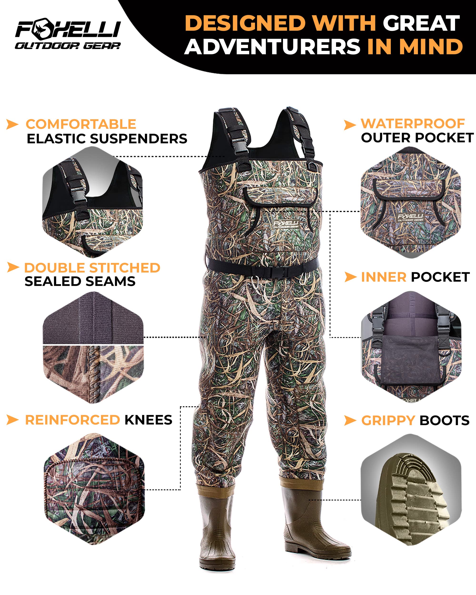 Foxelli Neoprene Chest Waders, Camo Hunting & Fishing Waders for Men & Women with Boots, Waterproof Bootfoot Waders