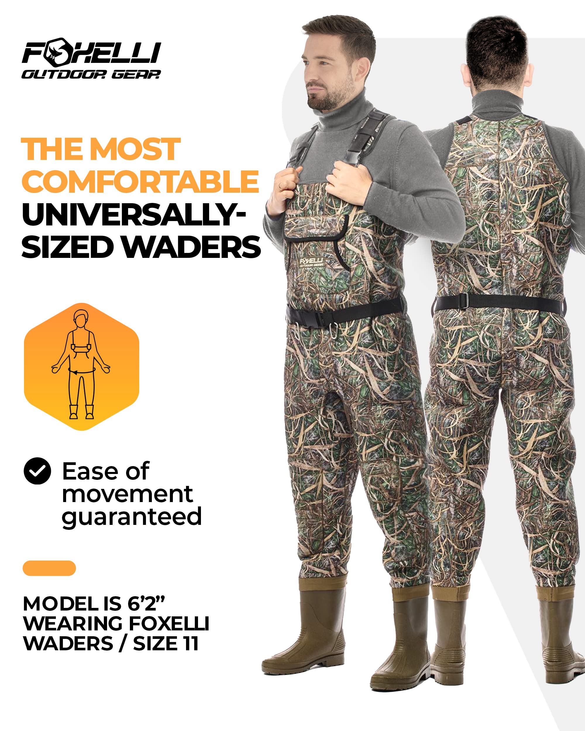 Foxelli Neoprene Chest Waders, Camo Hunting & Fishing Waders for Men & Women with Boots, Waterproof Bootfoot Waders