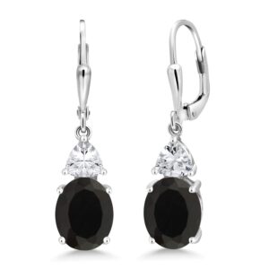 gem stone king 925 sterling silver black onyx and white zirconia dangle earrings for women (5.00 cttw, gemstone december birthstone, oval 10x8mm, trillion 5mm)