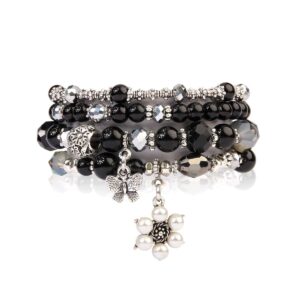 riah fashion bohemian multi strand faux pearl bracelets - layer beaded statement stretch lovely crystal bangles star, heart (butterfly - black)