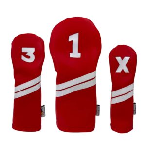 sunfish leather golf headcover set 1-3-x driver 3 wood fairway hybrid red and white