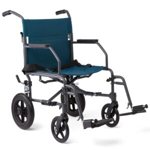 medline durable folding steel transport wheelchair with 12-inch wheels, 19-inch seat width, gray frame, microban, teal upholstery