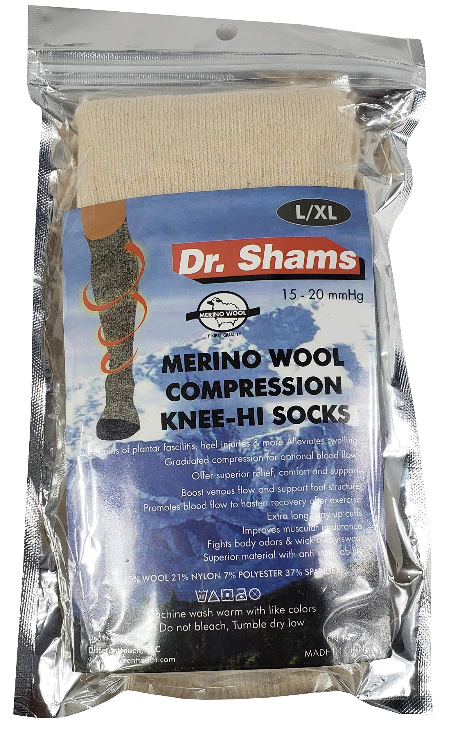 Dr. Shams Merino Wool Compression Knee High Socks Ideal for, Hiking , Travel-Sports-Nurses-Reduces Swelling (Beige, Large/X-Large)