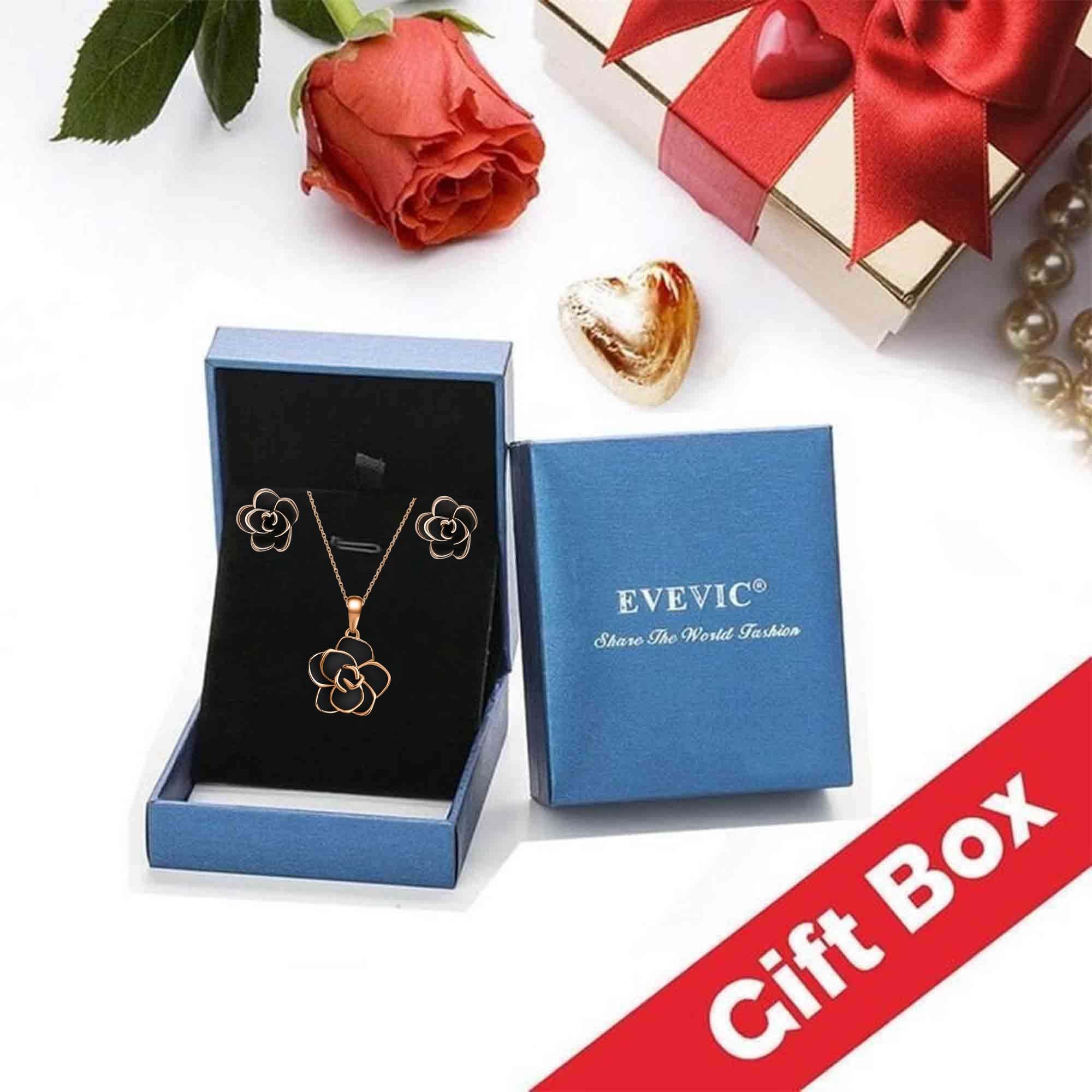 EVEVIC Rose Flower Necklace Earrings Set for Women 18K Gold Plated Jewelry Sets (White)