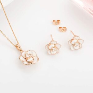 EVEVIC Rose Flower Necklace Earrings Set for Women 18K Gold Plated Jewelry Sets (White)