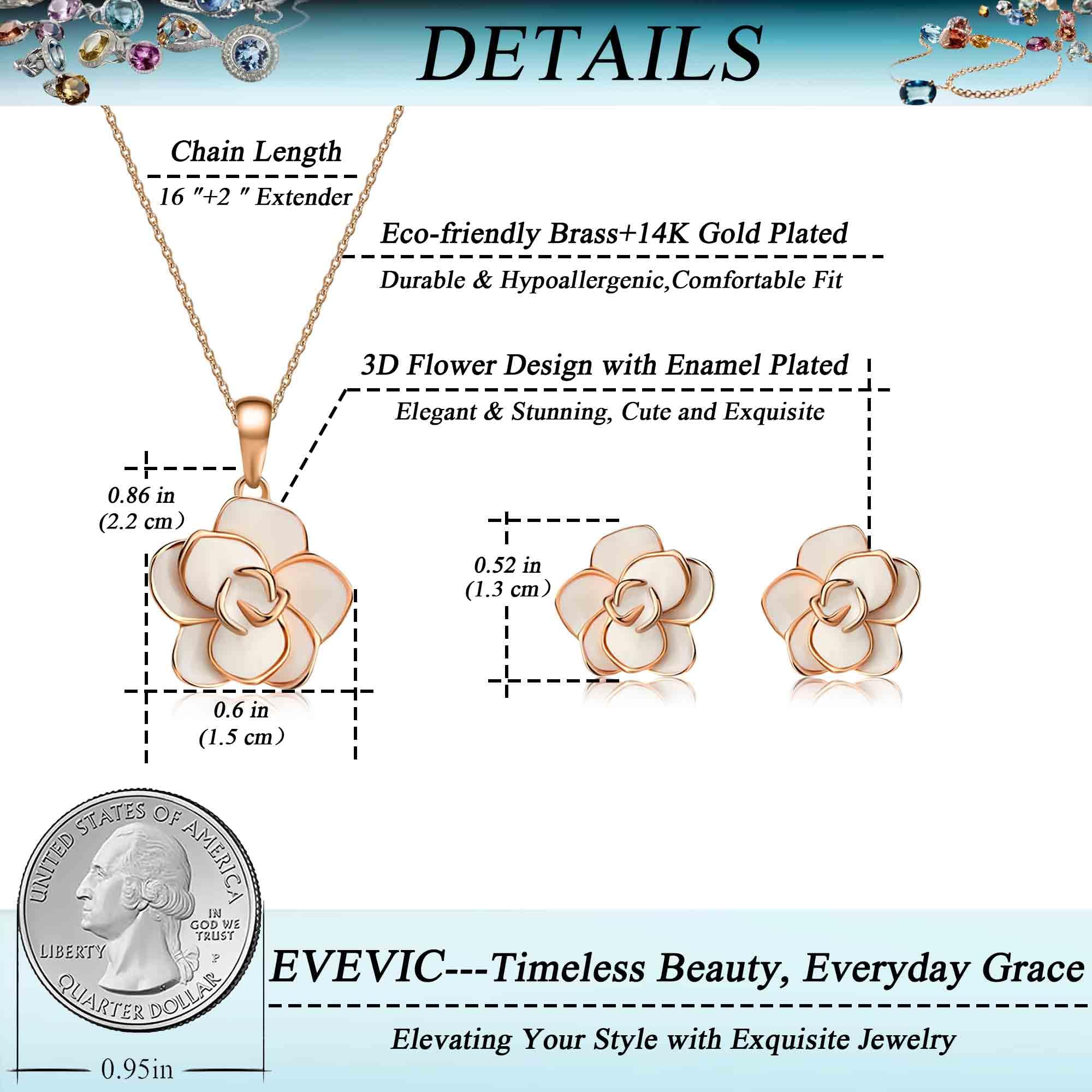 EVEVIC Rose Flower Necklace Earrings Set for Women 18K Gold Plated Jewelry Sets (White)