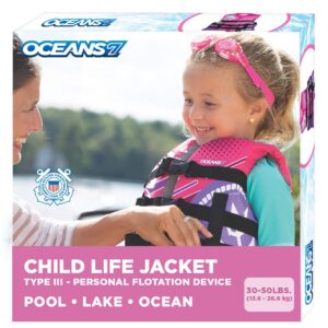 oceans7 us coast guard-approved, type iii – kids life jacket – personal flotation device with with comfortable flex-form-fit open-sided design – pink/berry