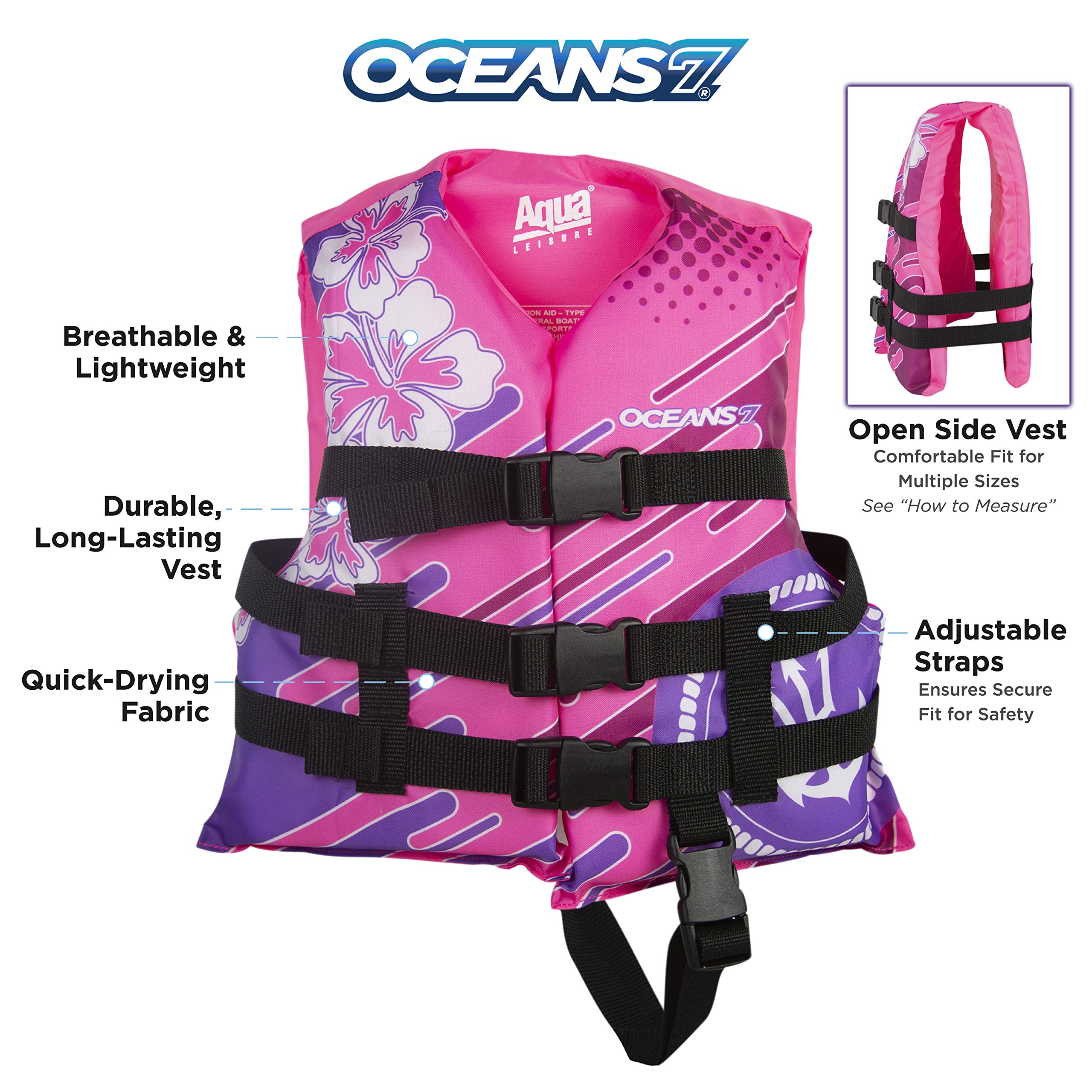 Oceans7 US Coast Guard-Approved, Type III – Kids Life Jacket – Personal Flotation Device with with Comfortable Flex-Form-Fit Open-Sided Design – Pink/Berry