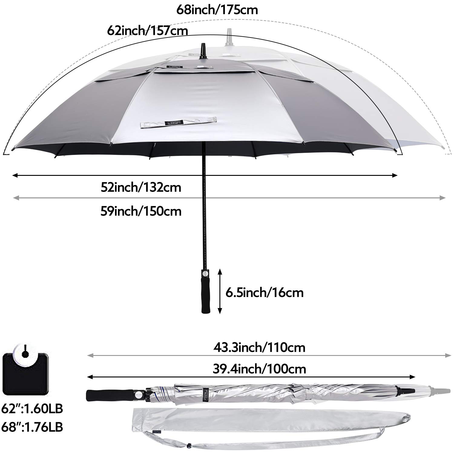 G4Free 68 Inch UV Protection Golf Umbrella Auto Open Vented Double Canopy Oversize Extra Large Windproof Sun Rain Umbrellas (Silver/Black)