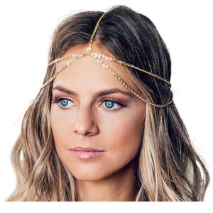 yean gold head chain bohemian hair jewelry headpiece forehead band festival hair headband accessories for women and girls (gold)