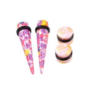 bodyjewelryonline ear plugs with tapers stretching kit colorful flower design with o rings.