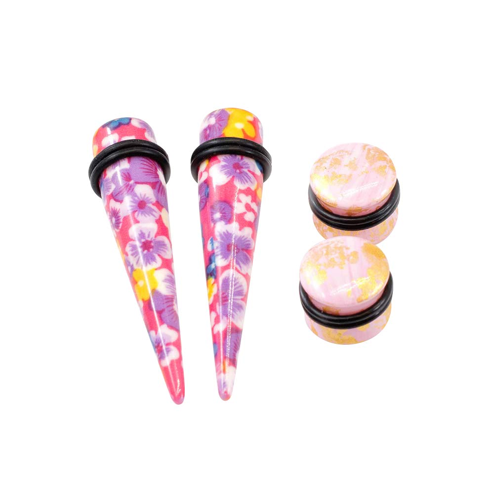 BodyJewelryOnline Ear Plugs with Tapers Stretching kit Colorful Flower Design with O rings.