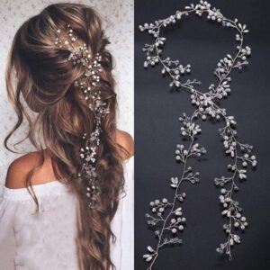 deniferymakeup bridal rose gold and gold silver extra long pearl and crystal beads bridal hair vine wedding head piece bridal hair accessories headband hair jewelry hair accessories (silver)