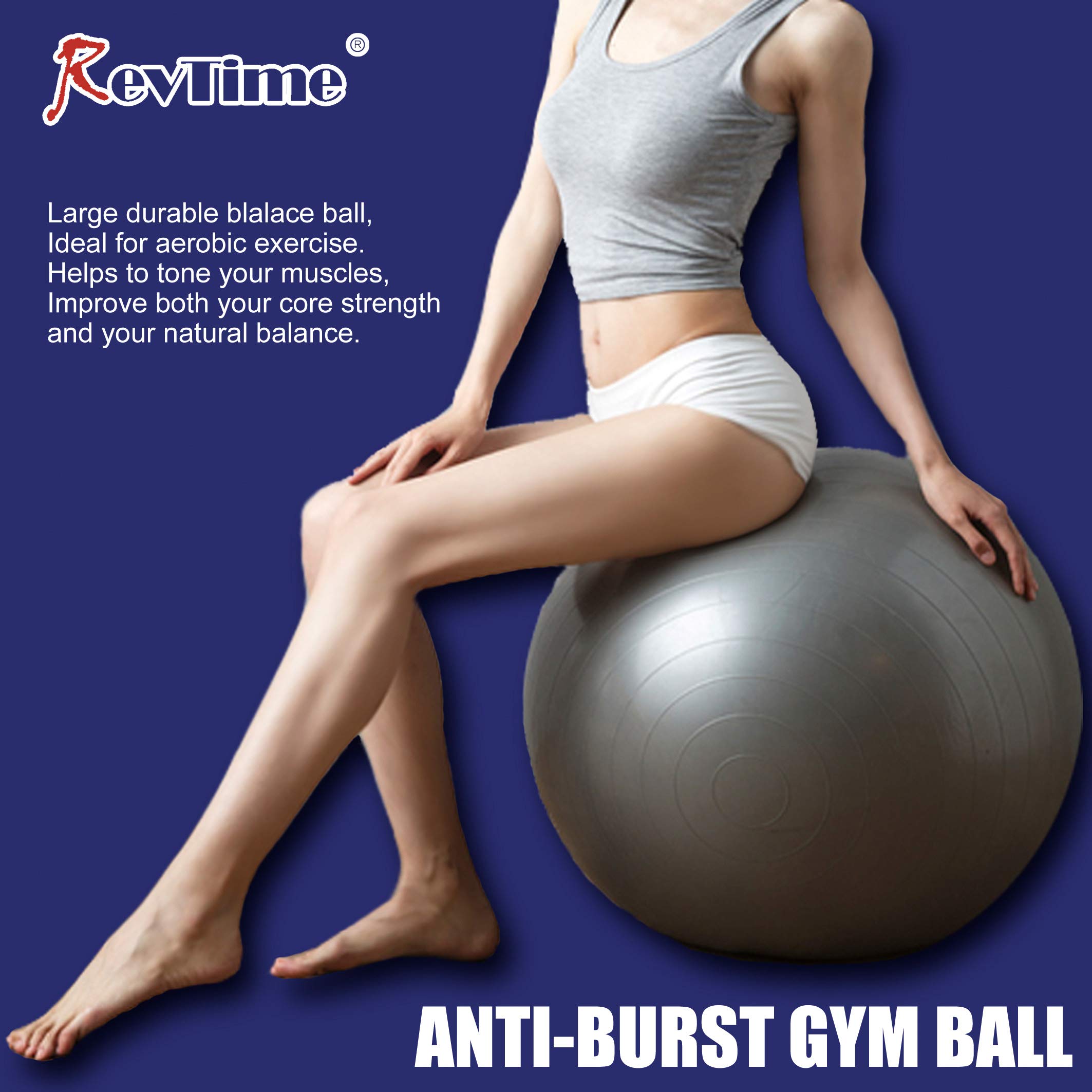 RevTime Ultra Thick Anti-Burst Gym Ball 65 cm with Air Pump Exercise Ball Great for Yoga, Balance, Fitness, Desk Chairs, Dark Gray