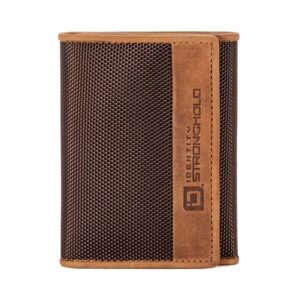 id stronghold rfid blocking - slim leather trifold wallet for men - durable nylon and leather light brown