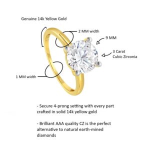 MAX + STONE 3 Carat Round Cubic Zirconia Solitaire Engagement Ring for Women | 14k Gold Engagement Ring | Simulated Diamond Ring | Yellow Gold CZ Engagement Ring Size 6