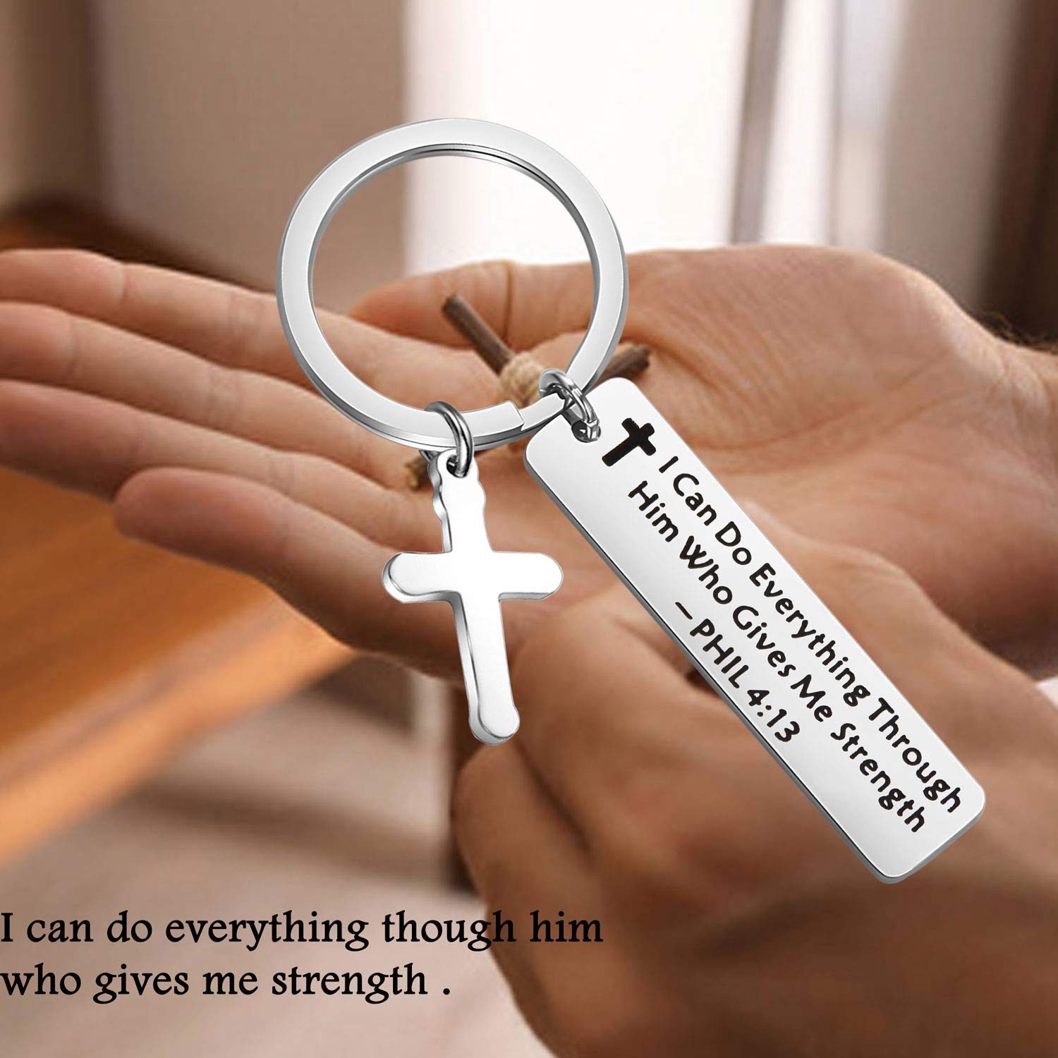 QIIER Christian Gifts I Can Do Everything Through Him Who Gives Me Strength Philippians 4:13 Keychain Christian Jewelry Gifts (silver)