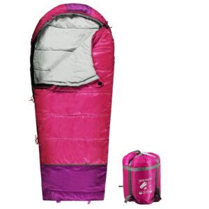 redcamp kids mummy sleeping bag for camping zipped small, 40 degree 3 season cold weather fit boys,girls & teens (pink with 2.4lbs filling)