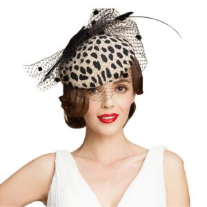 f fadves 100% australian wool pillbox hat black veil fedora lepoard print fascinator