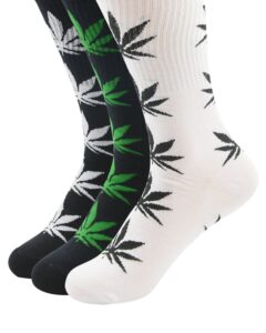 athletic sports high crew socks for men women leaf cotton sock 3 pairs black white green