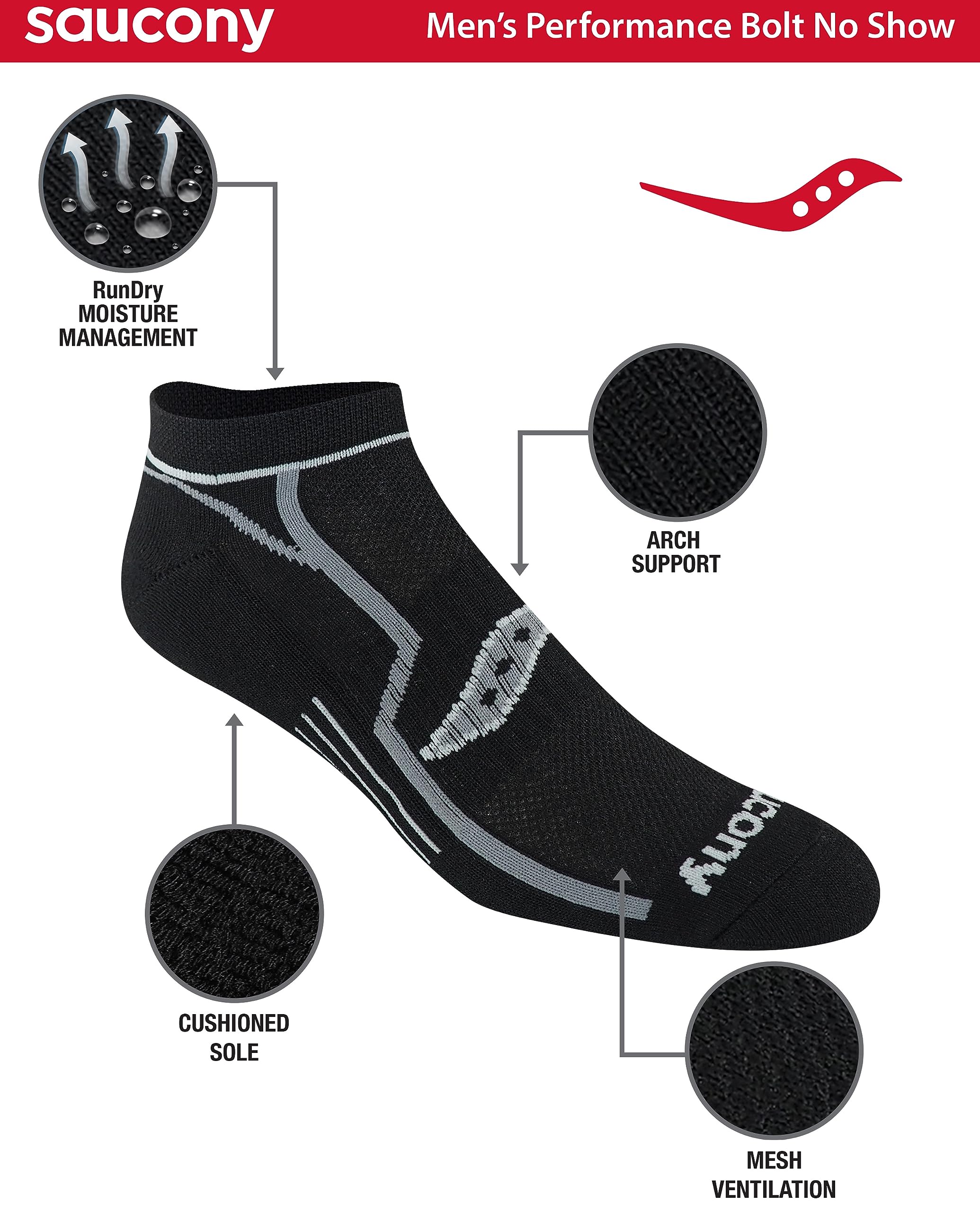 Saucony Men's Multi-Pack Bolt Performance Comfort Fit No-Show Socks, Black Assorted (6 Pairs), Shoe Size: 8-12