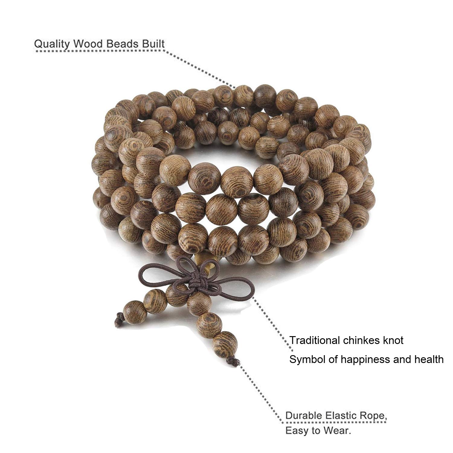 K&Q 9 Pcs Mens Womens Wood Necklace Chain Bracelets, Handmade Multilayer 8MM 108 Buddhist Prayer Strand Wood Beaded Bracelet Necklace Buddhist Beads Elastic