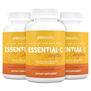 paleovalley essential c complex - vitamin c supplement for immune support - 3 pack, 450mg - from organic superfoods unripe acerola cherry, camu camu, amla berry - no synthetic ascorbic acid - usa made