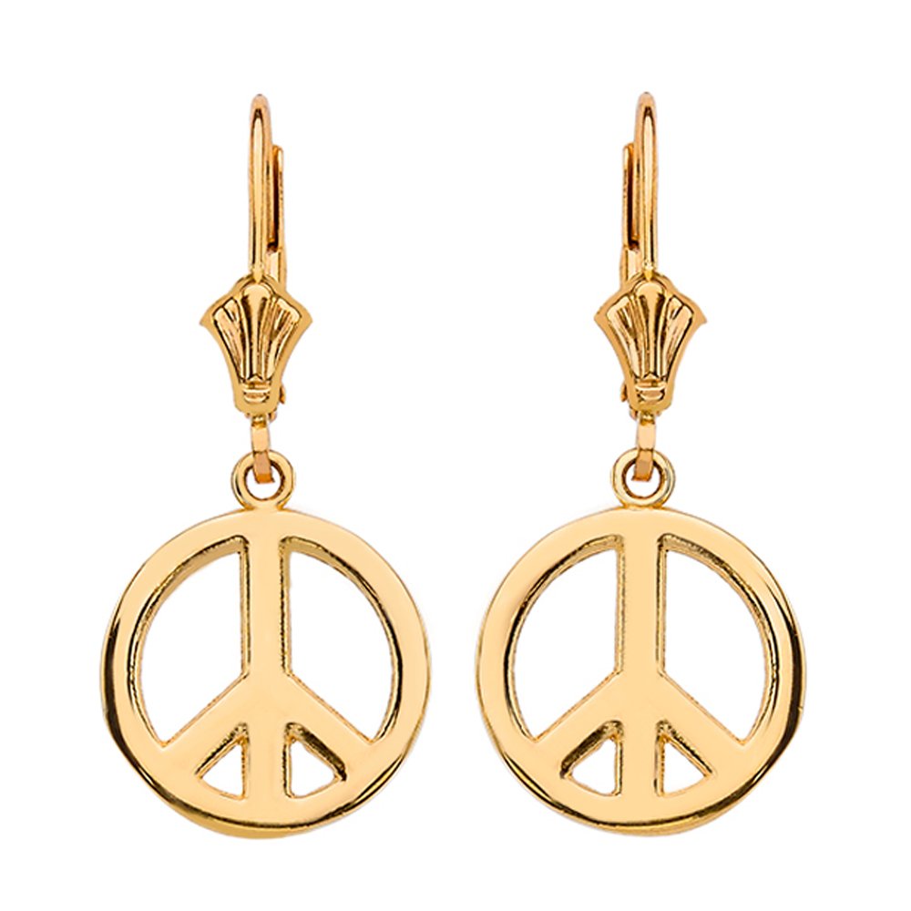 Polished 10k Yellow Gold Boho Peace Sign Leverback Earrings