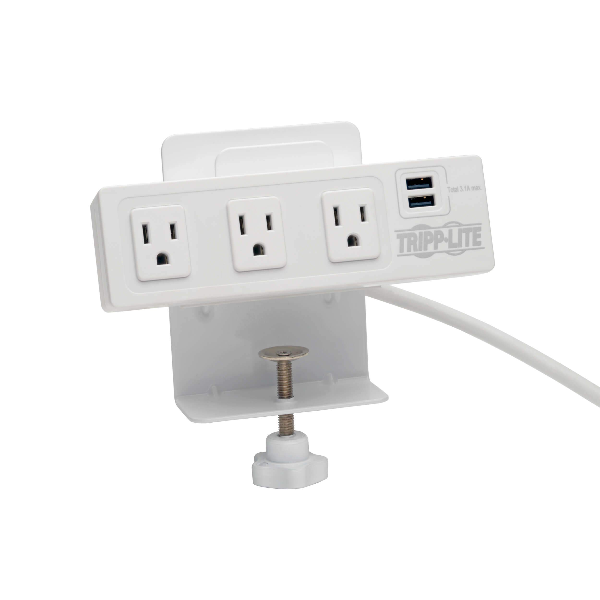 Tripp Lite Surge Protector Power Strip 3-Outlet with 2-Port USB Charging Ports, Desk Clamp, White 510 Joules (TLP310USBCW)