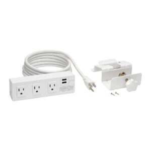 Tripp Lite Surge Protector Power Strip 3-Outlet with 2-Port USB Charging Ports, Desk Clamp, White 510 Joules (TLP310USBCW)