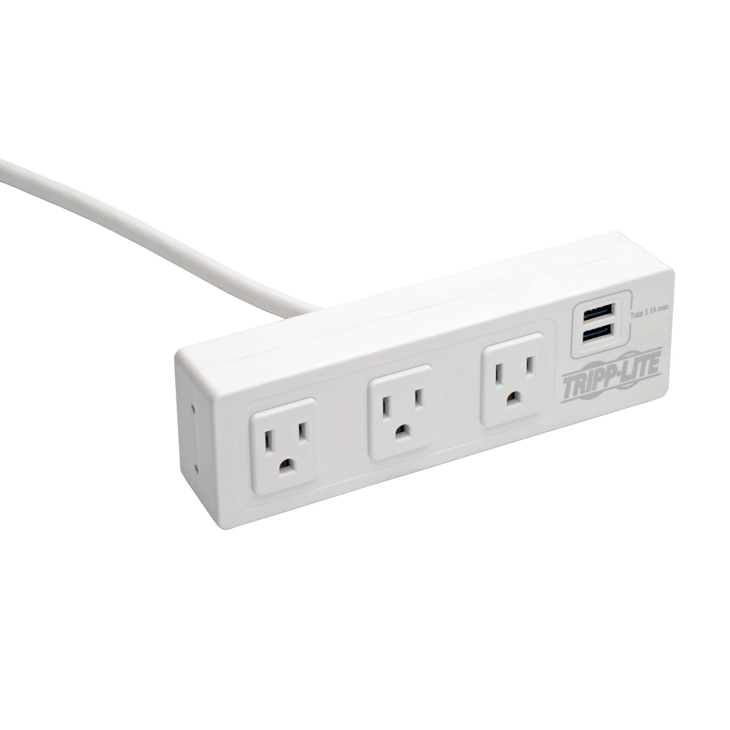 Tripp Lite Surge Protector Power Strip 3-Outlet with 2-Port USB Charging Ports, Desk Clamp, White 510 Joules (TLP310USBCW)