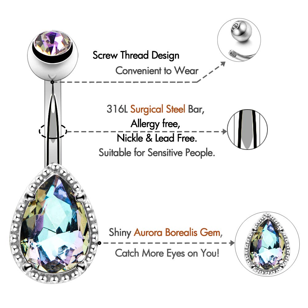 OUFER 14G Surgical Steer Belly Button Rings Tear Drop CZ Gem Navel Rings Belly Jewelry