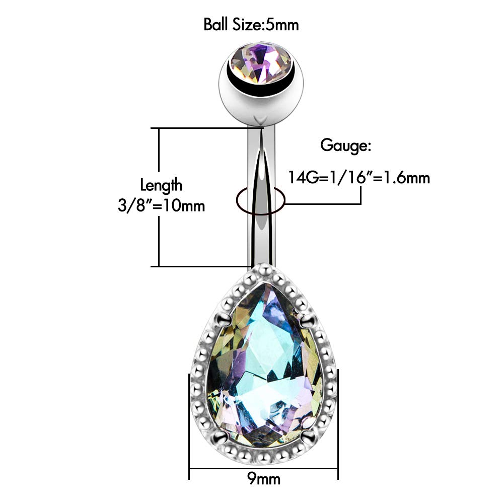 OUFER 14G Surgical Steer Belly Button Rings Tear Drop CZ Gem Navel Rings Belly Jewelry