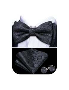 barry.wang men bow tie set paisley black silk pre-tied bowtie pocket square cufflinks formal wedding prom party tuxedo