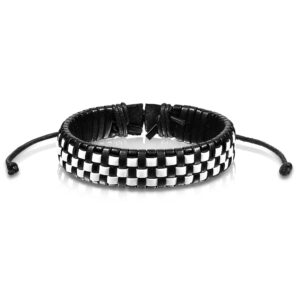 covet jewelry black and white checker weaved layers leather bracelet with drawstrings