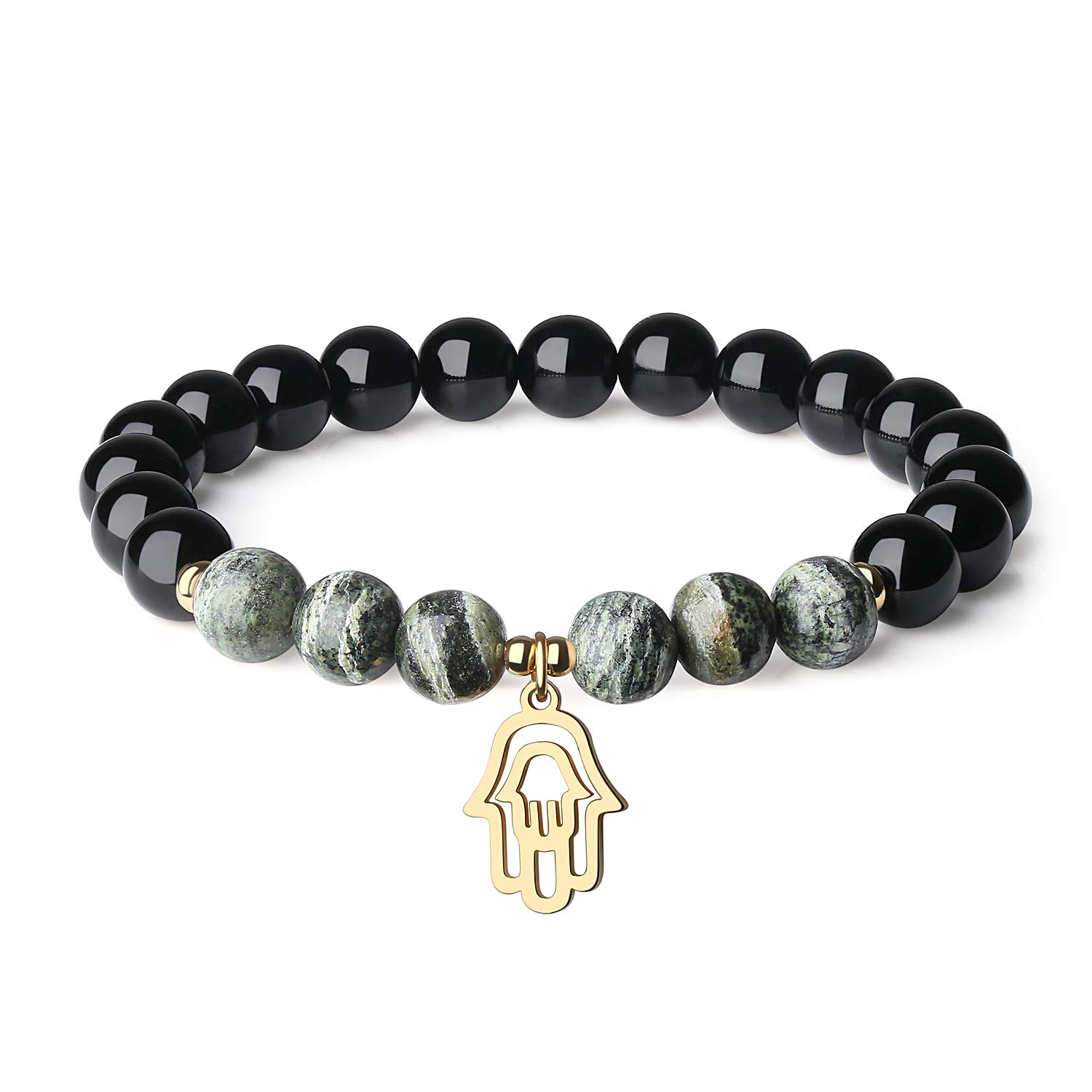 COAI Hamsa Hand Jewelry Black Tourmaline Zebra Jasper Stone Bracelet