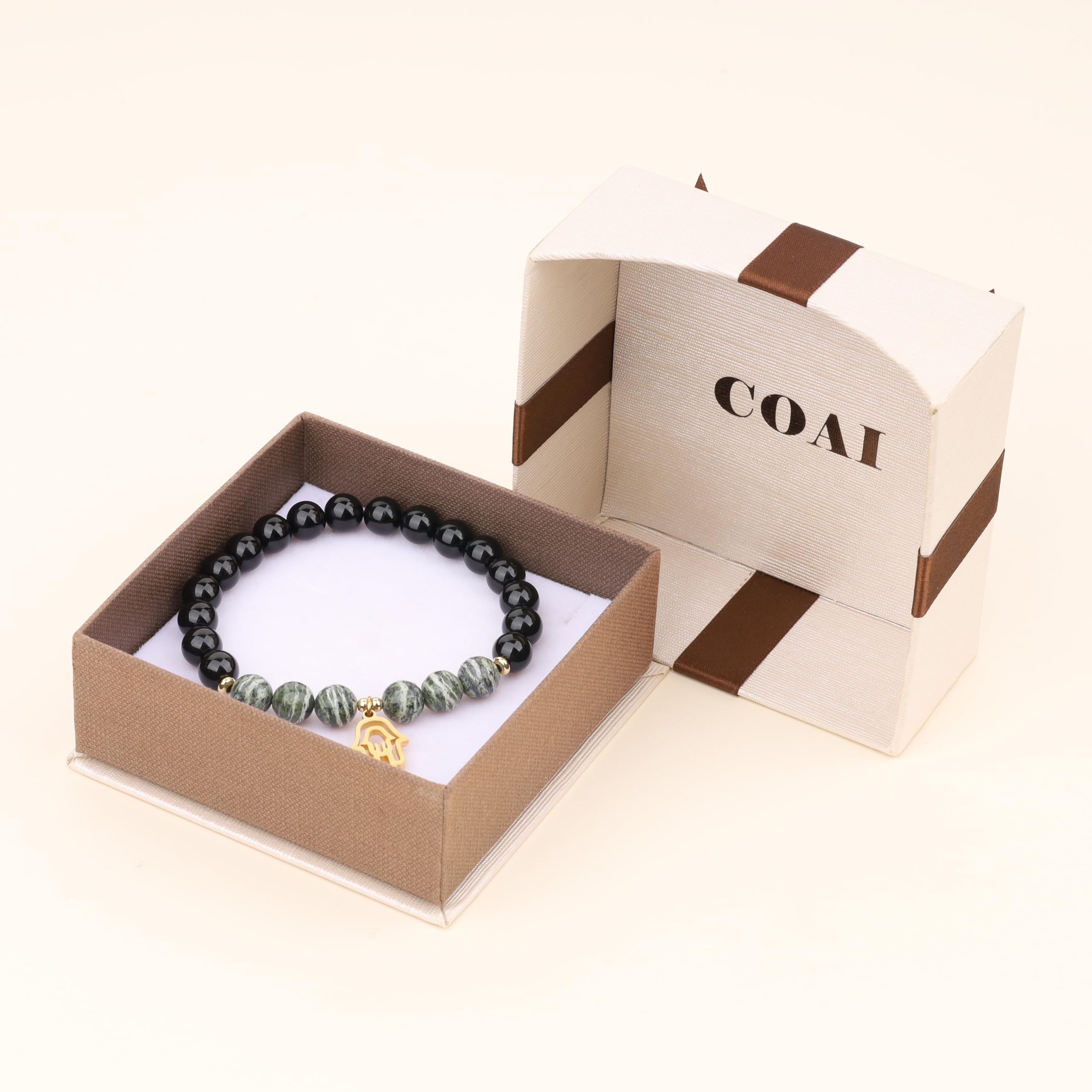 COAI Hamsa Hand Jewelry Black Tourmaline Zebra Jasper Stone Bracelet