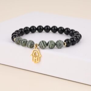 COAI Hamsa Hand Jewelry Black Tourmaline Zebra Jasper Stone Bracelet