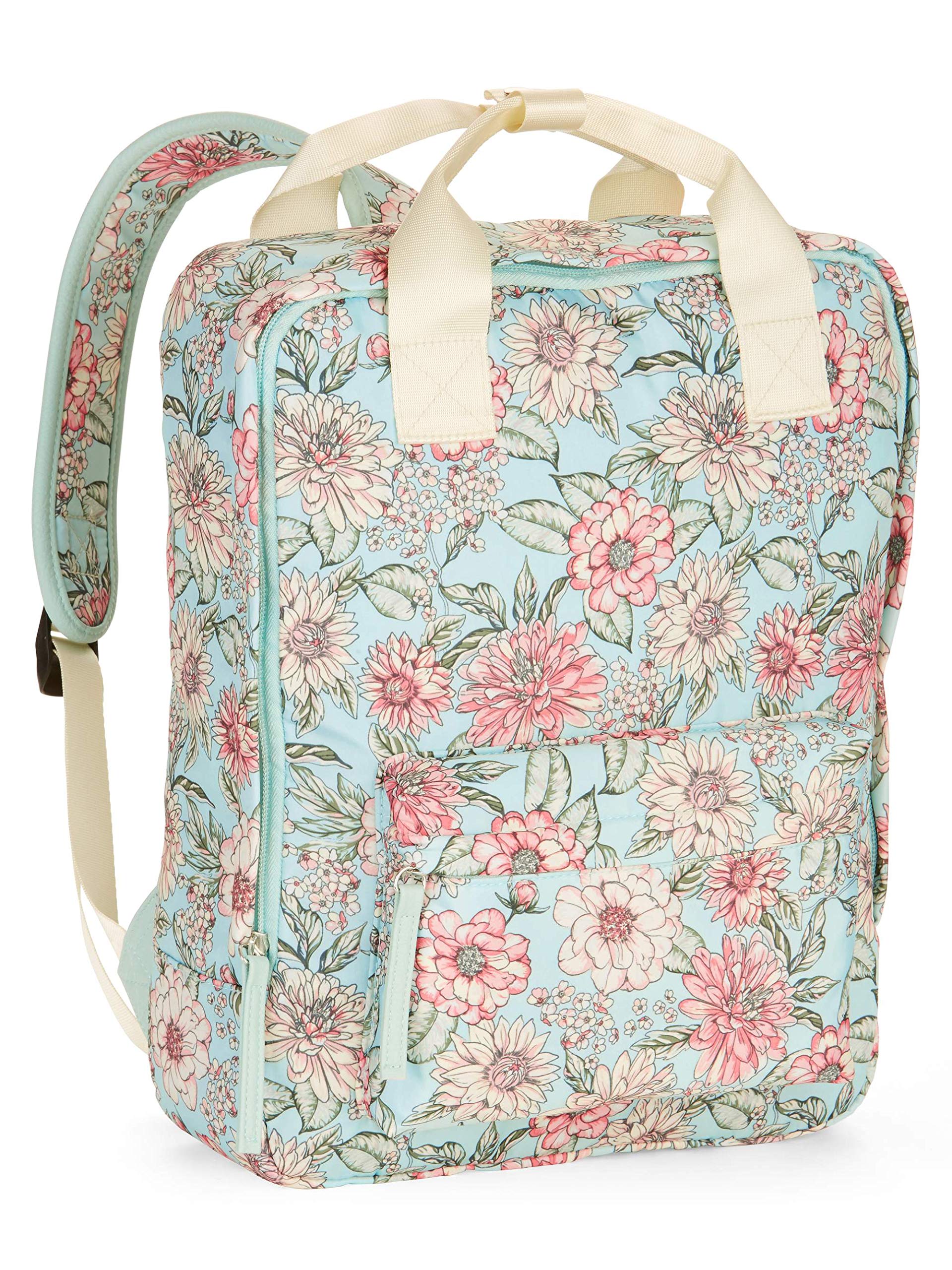 Chrysanthemum Floral Teal and Pink Women's Backpack Purse with Padded Shoulder Straps