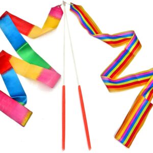 Dance Ribbons Rainbow Streamers Rhythmic Gymnastics Ribbon Baton Twirling Wands on Sticks 2pc for Kids Artistic Dancing