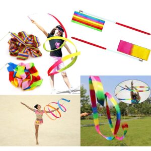 Dance Ribbons Rainbow Streamers Rhythmic Gymnastics Ribbon Baton Twirling Wands on Sticks 2pc for Kids Artistic Dancing