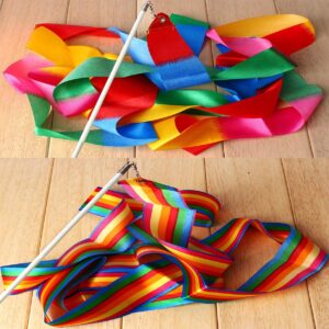 Dance Ribbons Rainbow Streamers Rhythmic Gymnastics Ribbon Baton Twirling Wands on Sticks 2pc for Kids Artistic Dancing