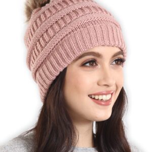 Brook + Bay - Beanie Hats for Women, Pom Pom Hat Soft Chunky Knit Beanie for Cold Weather, Stocking Cap for Women Winter Hats Pink