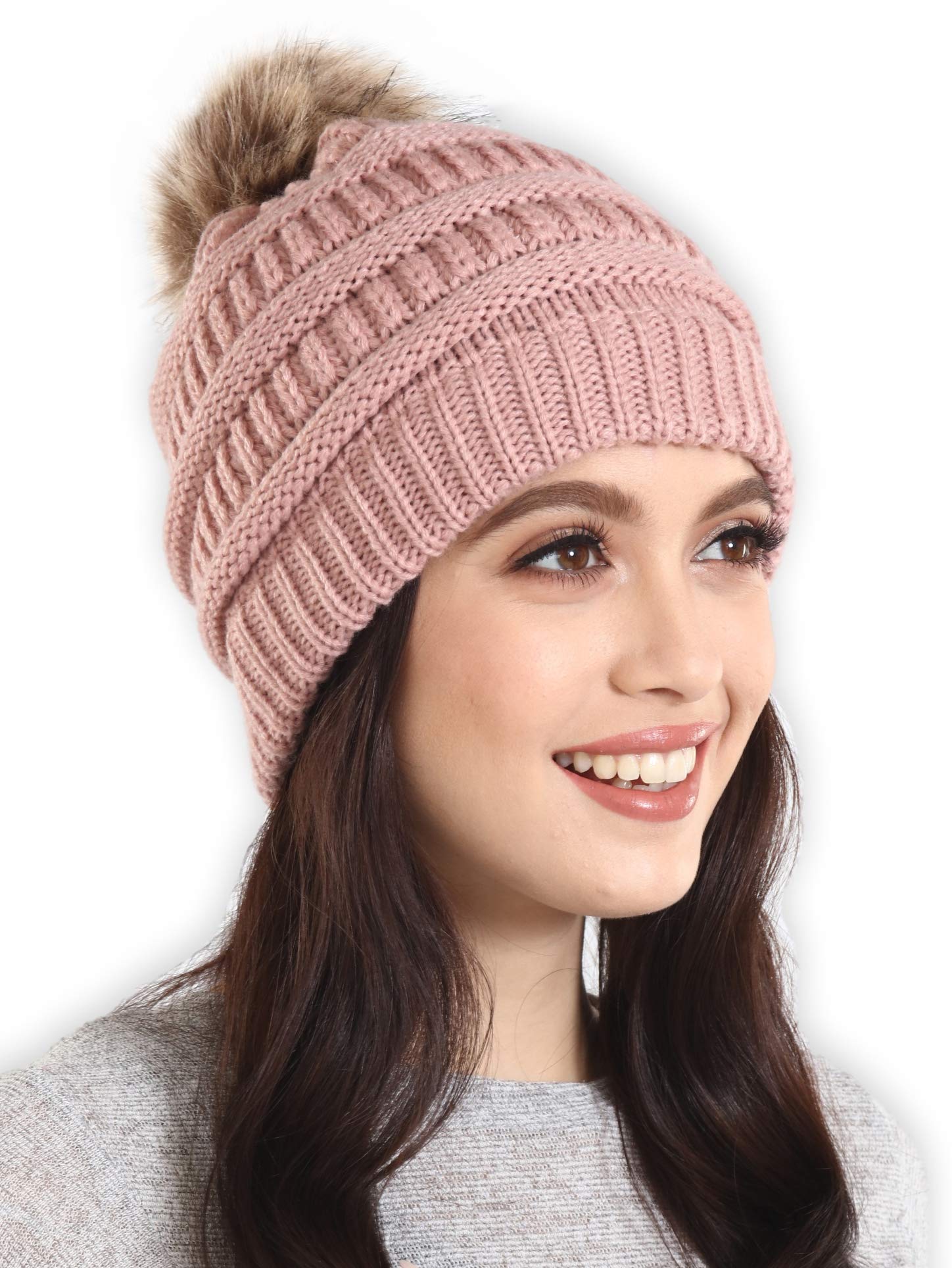 Brook + Bay - Beanie Hats for Women, Pom Pom Hat Soft Chunky Knit Beanie for Cold Weather, Stocking Cap for Women Winter Hats Pink