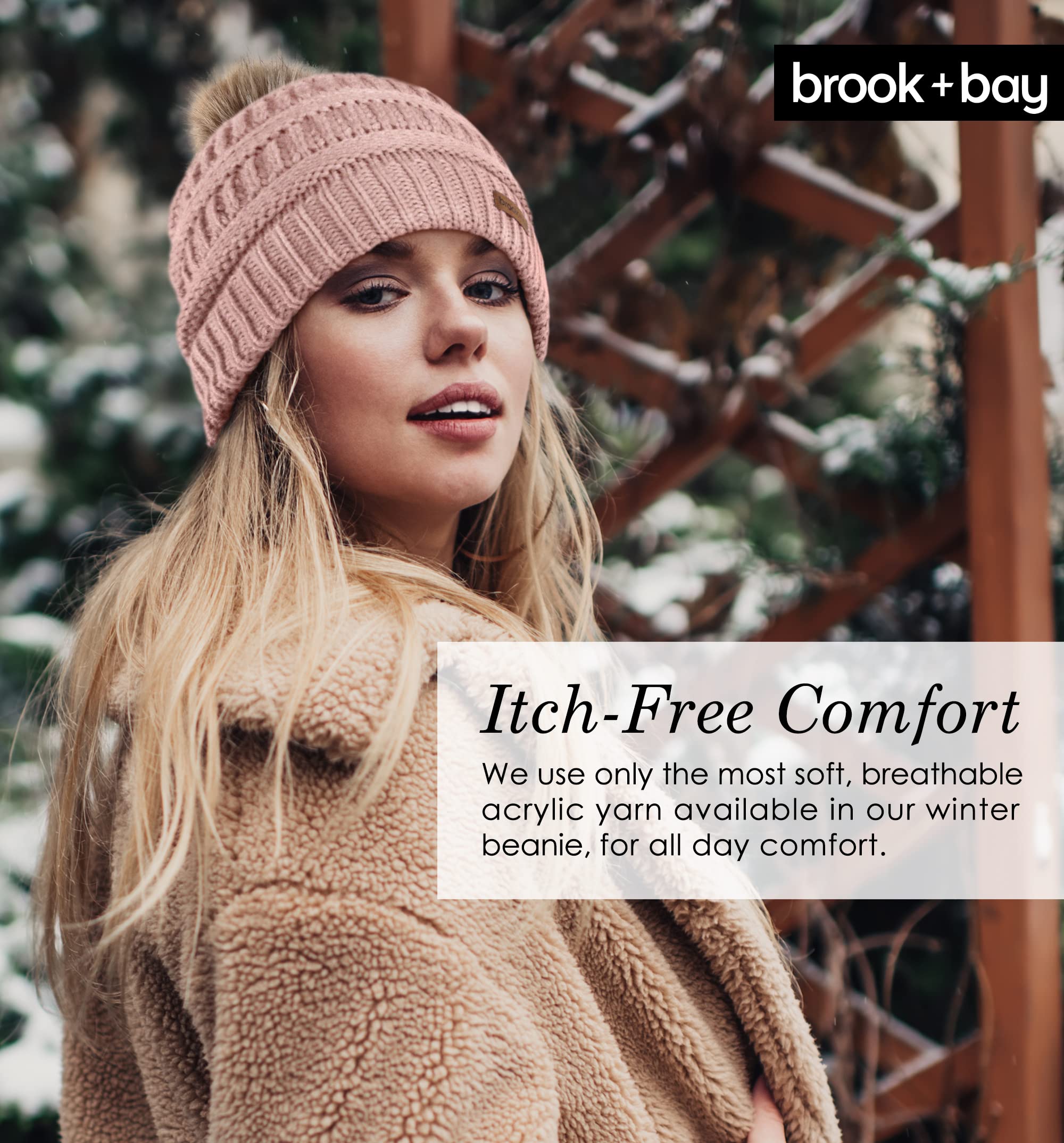 Brook + Bay - Beanie Hats for Women, Pom Pom Hat Soft Chunky Knit Beanie for Cold Weather, Stocking Cap for Women Winter Hats Pink