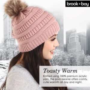 Brook + Bay - Beanie Hats for Women, Pom Pom Hat Soft Chunky Knit Beanie for Cold Weather, Stocking Cap for Women Winter Hats Pink