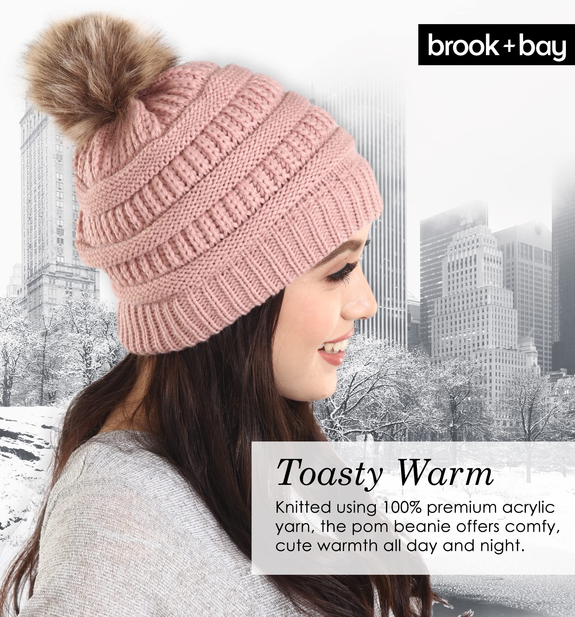 Brook + Bay - Beanie Hats for Women, Pom Pom Hat Soft Chunky Knit Beanie for Cold Weather, Stocking Cap for Women Winter Hats Pink